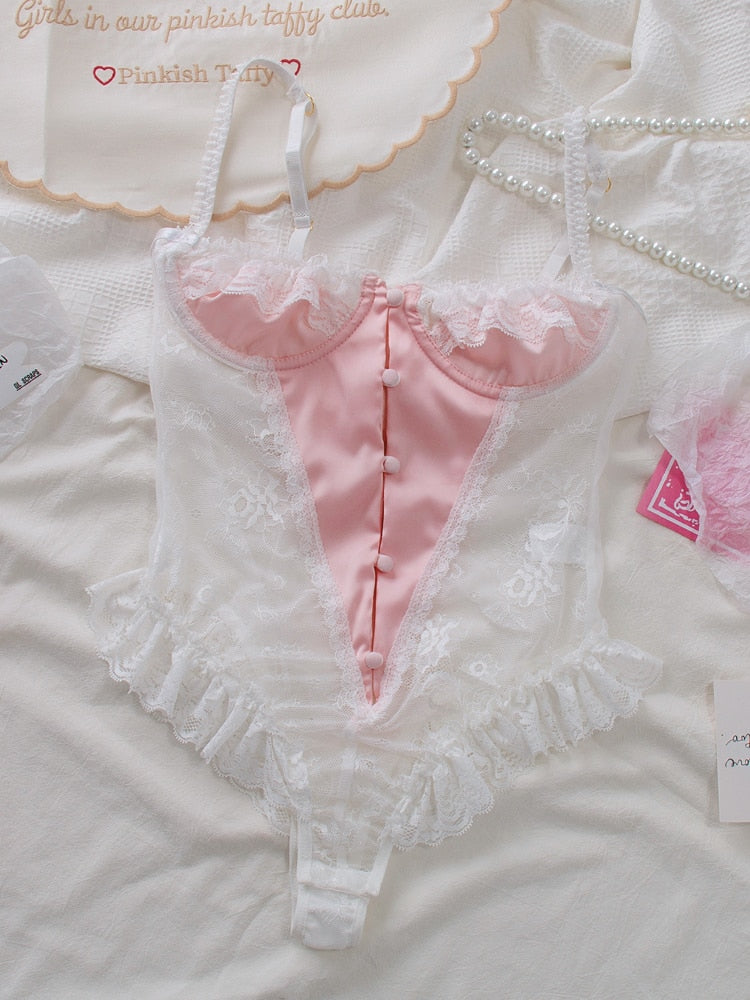 Pink Satin & Lace Coquette Bodysuit Dollette Lingerie