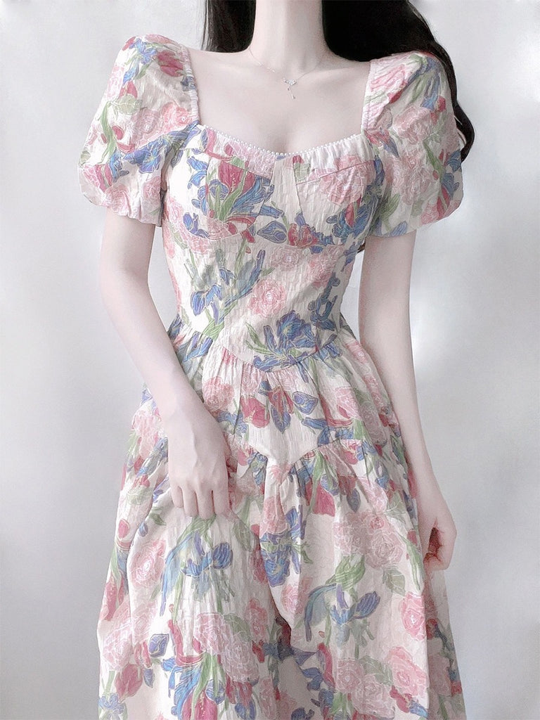 Floral Brocade Dress with Pearls Vintage Dress Retro Fairycore Dress