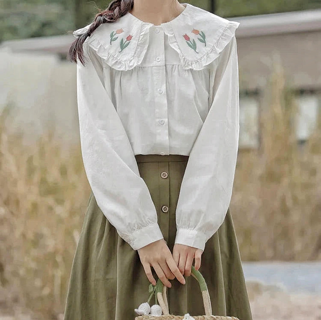 Tulip Embroidered Cotton Cottagecore Shirt Cottagecore Oitfits
