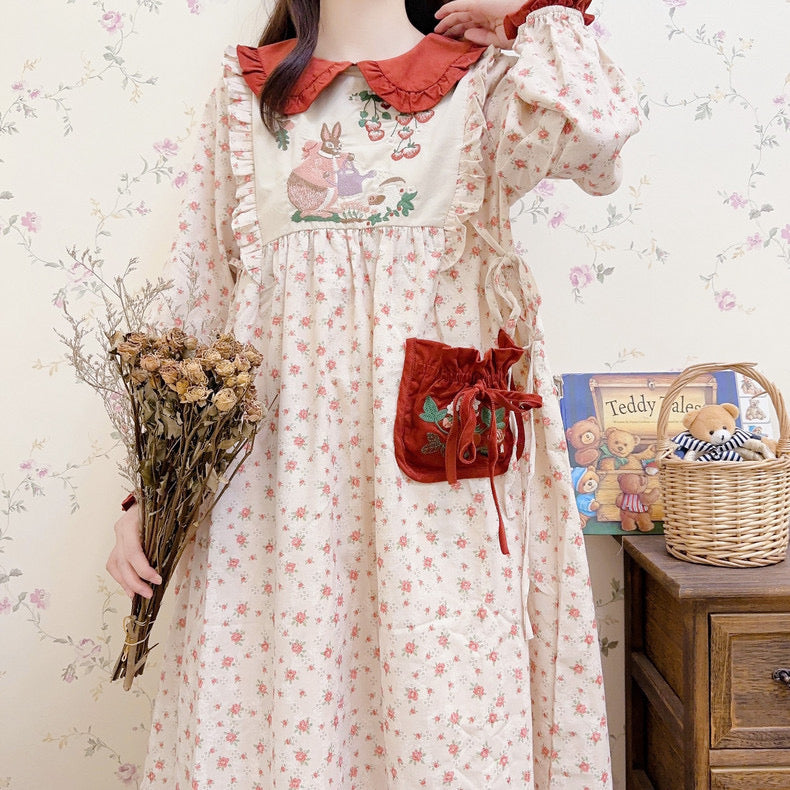 Rabbit's Strawberry Garden Cottagecore Goblincore Dress with Embroider