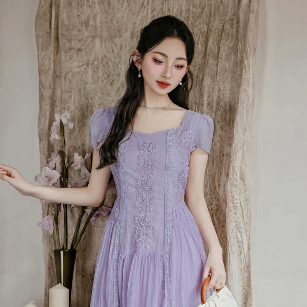 Lilac Embroidered Cottagecore Dress Lavender Bohemian Cottagecore Dress