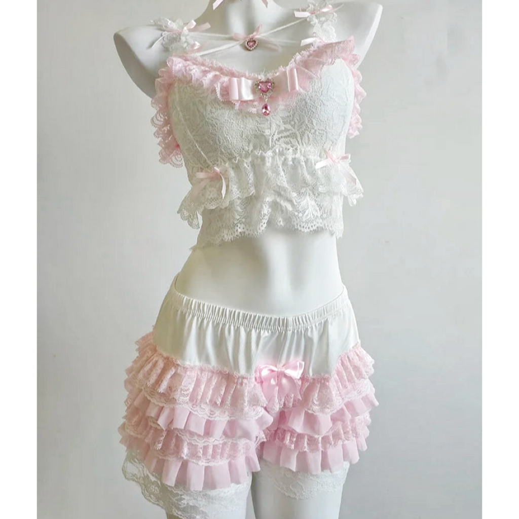 Coquette Crop Top with Pink Crystal Heart Charm Coquette Style Tops