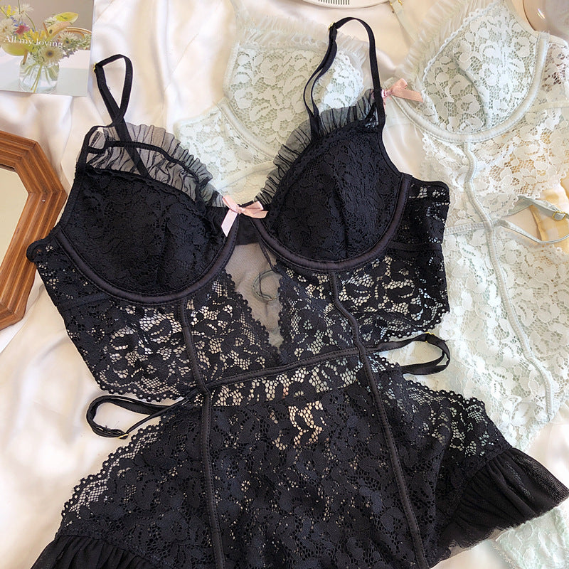 Black Lace Ruffle Bodysuit Lingerie