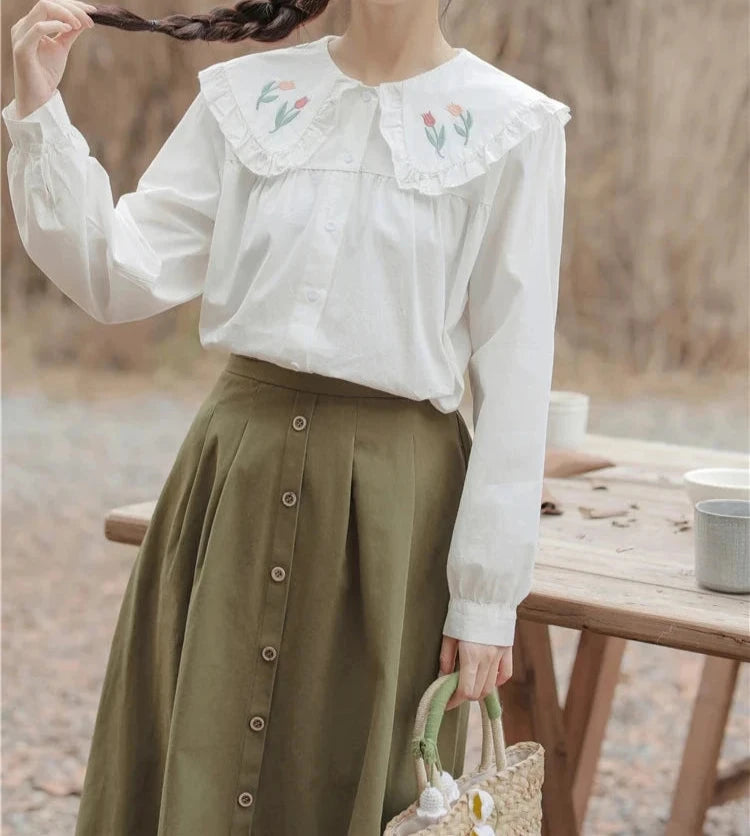 Tulip Embroidered Cotton Cottagecore Shirt Cottagecore Oitfits