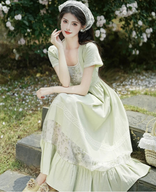 2-Piece Prairie Cottagecore Dress With Headscarf cottagecore style