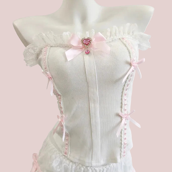 Coquette Tube Top with Pink Crystal Charm coquette tops coquette style