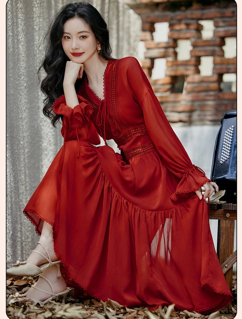 Red Cottagecore Dress Red Bohemian Dress Red Boho Dress