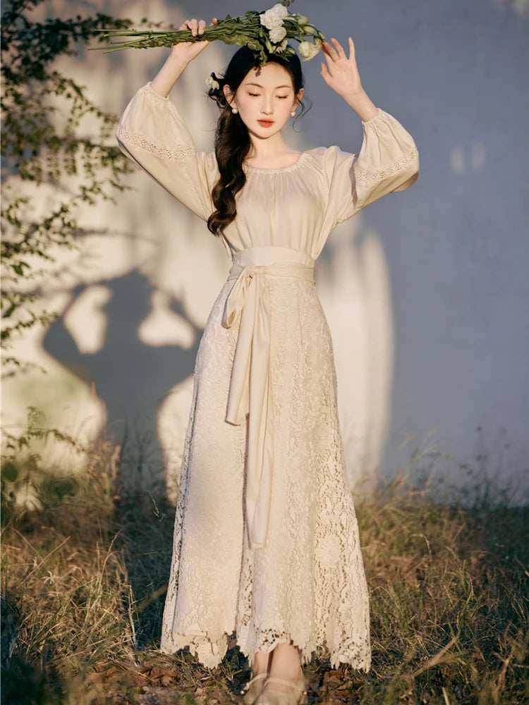 Romantic Lace Embroidery Cottagecore Dress Lace Princess Vintage Dress