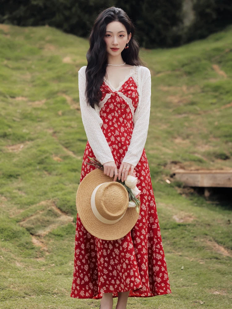 Floral Red Cottagecore Dress vintage 90s Grunge Style Dress