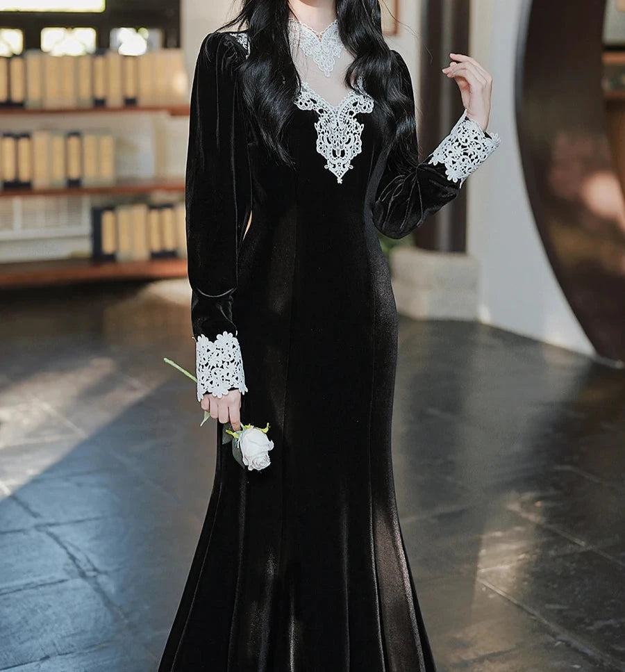 Dark Romantic Velvet Lace Trim Dress Widow Goth Dress