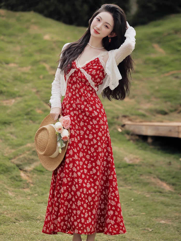 Floral Red Cottagecore Dress vintage 90s Grunge Style Dress