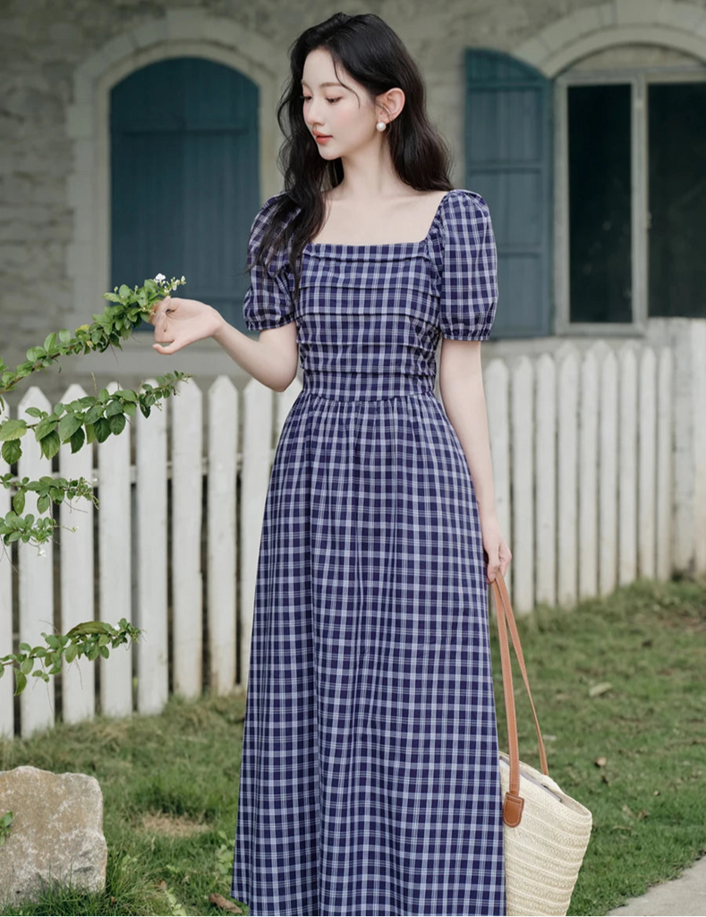 Navy Blue Plaid Dark Cottagecore Dress Dark Cottagecore Aesthetic
