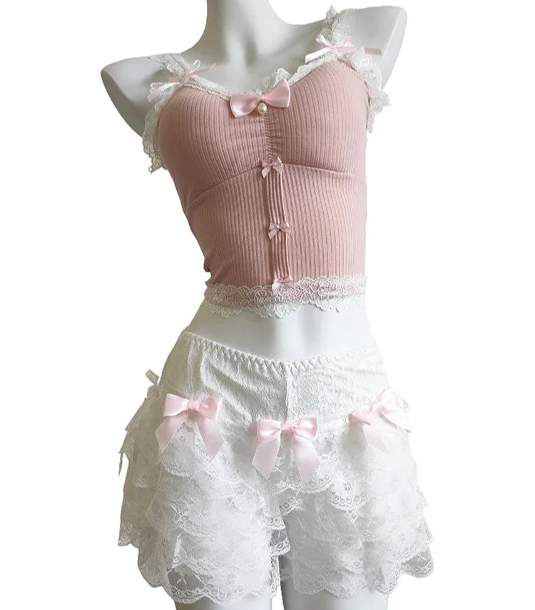 Handmade Coquette Crop Top with Pearl Bow Coquette Tops