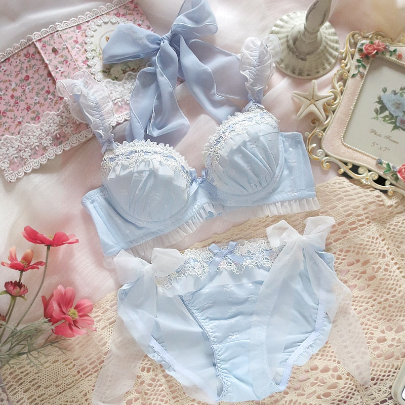 Blue Princess Soft Girl Aesthetic Kawaii Lolita Lingerie Set Kawaii