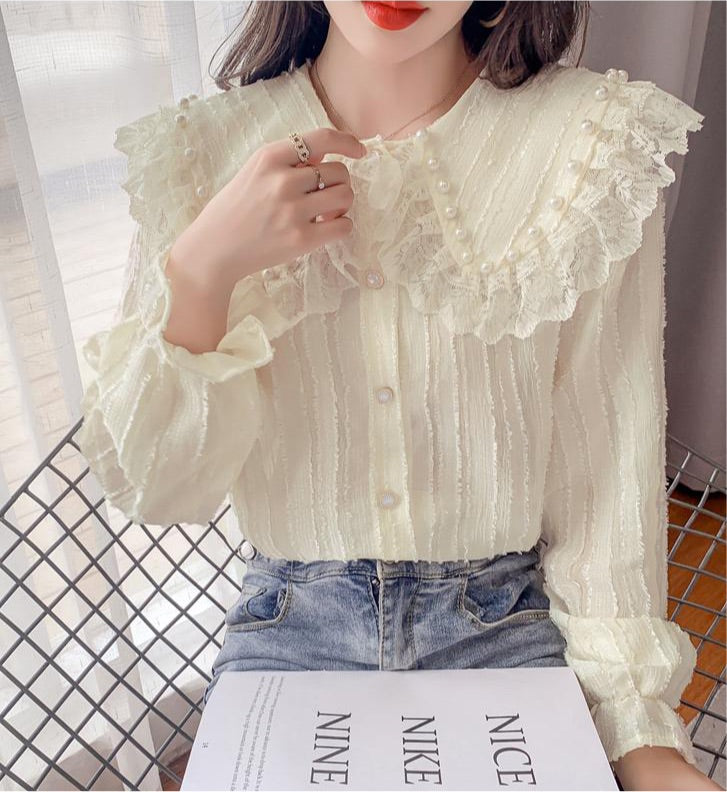 Light Academia Pearl Shirt Vintage style pearl decorated blouse