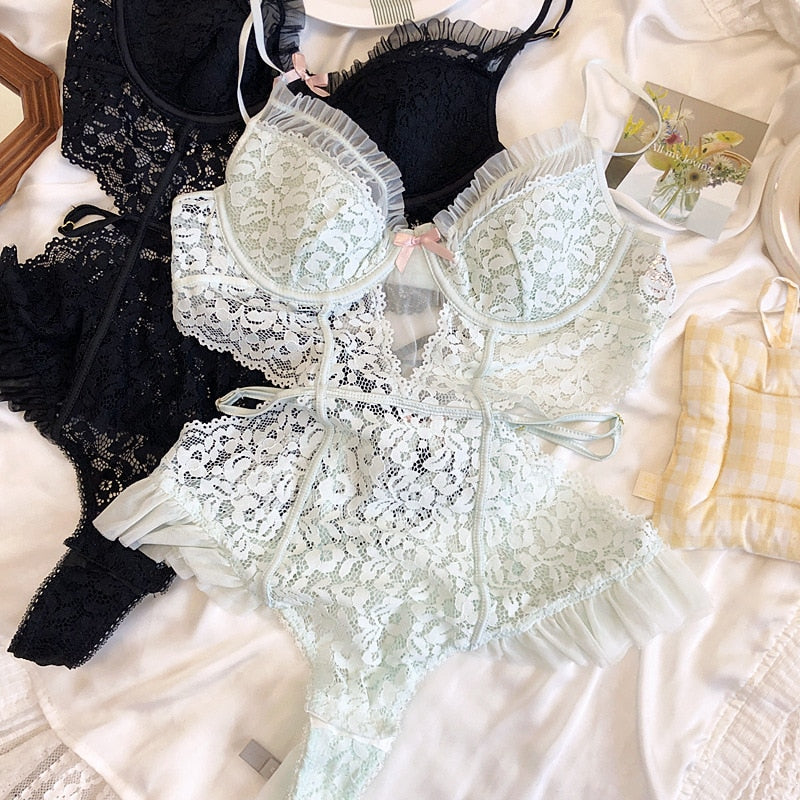 Black Lace Ruffle Bodysuit Lingerie