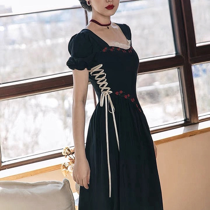 Rose Embroidery Witchy Academia Dress Witchcore Gothic Dress